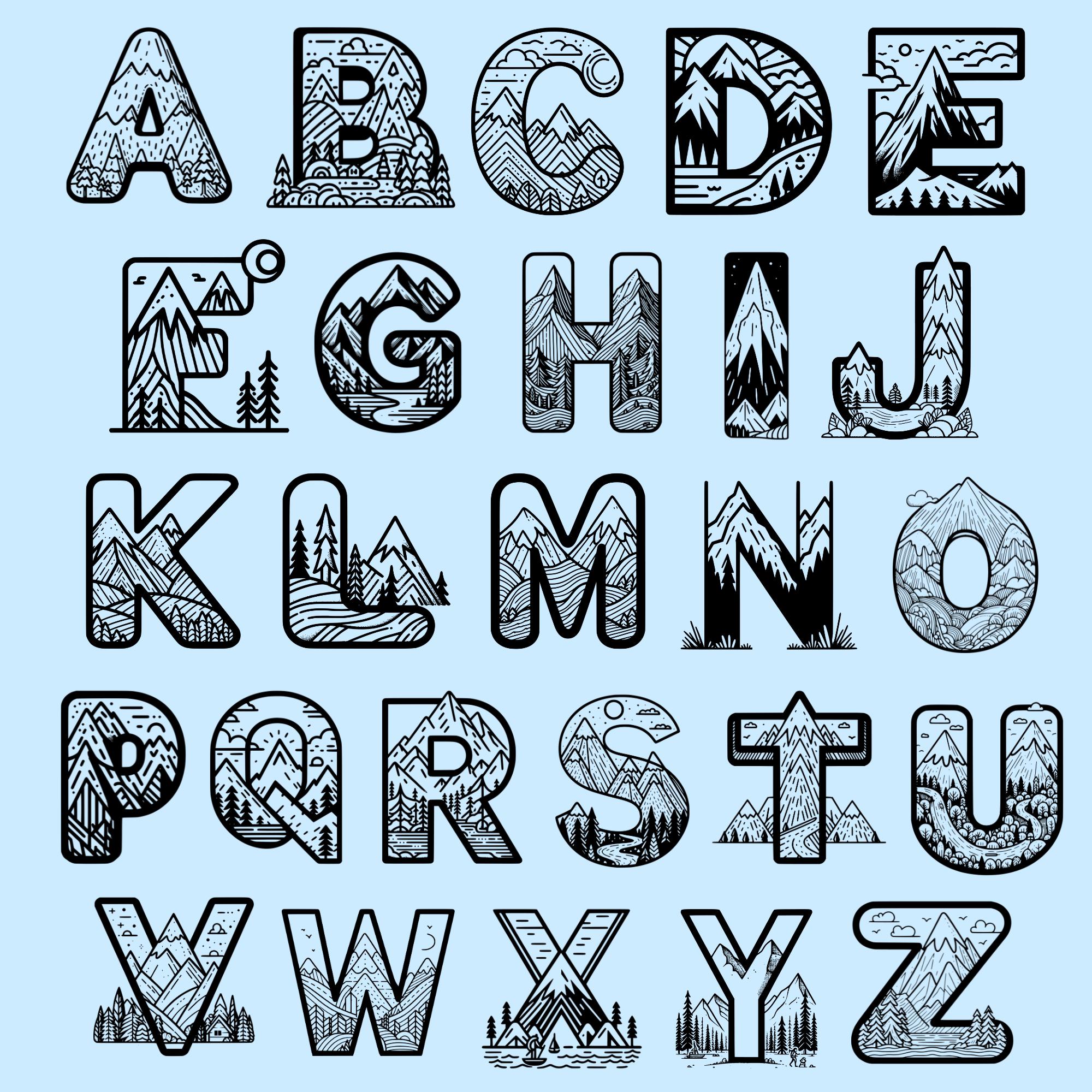 Mountain Alphabet Coloring PNG – Nature Letters for Kids - Etsy