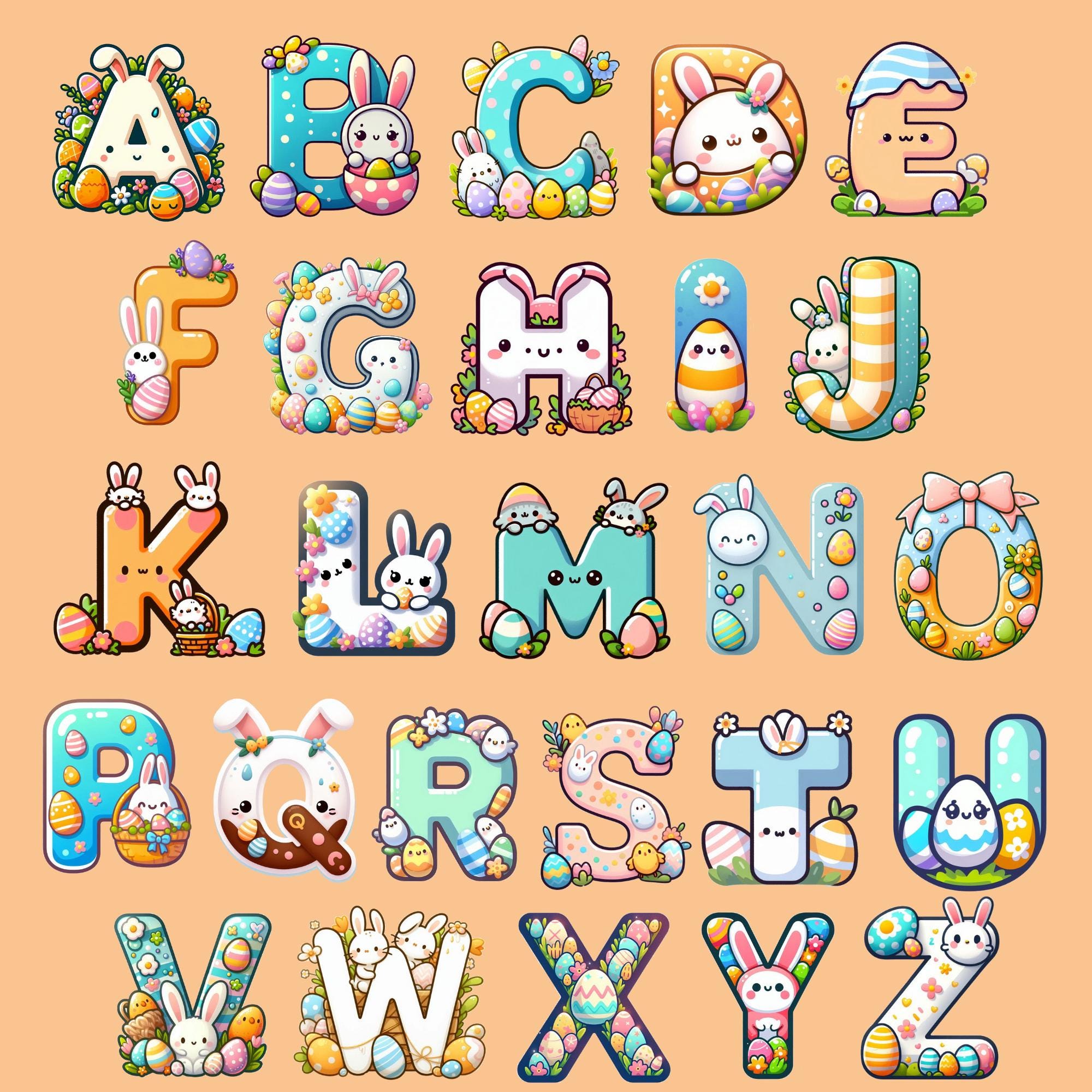 Easter Alphabet Clipart, Spring Letters PNG, Pastel Bunny Sublimation ...