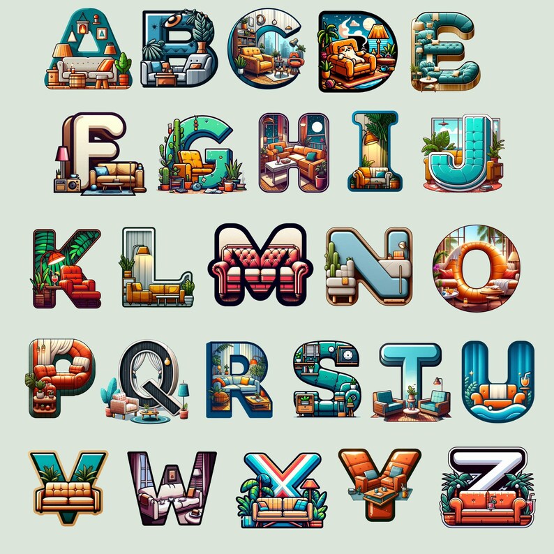 Lounge Alphabet Clipart, Relaxed PNG Letters, Mid Century Typography ...