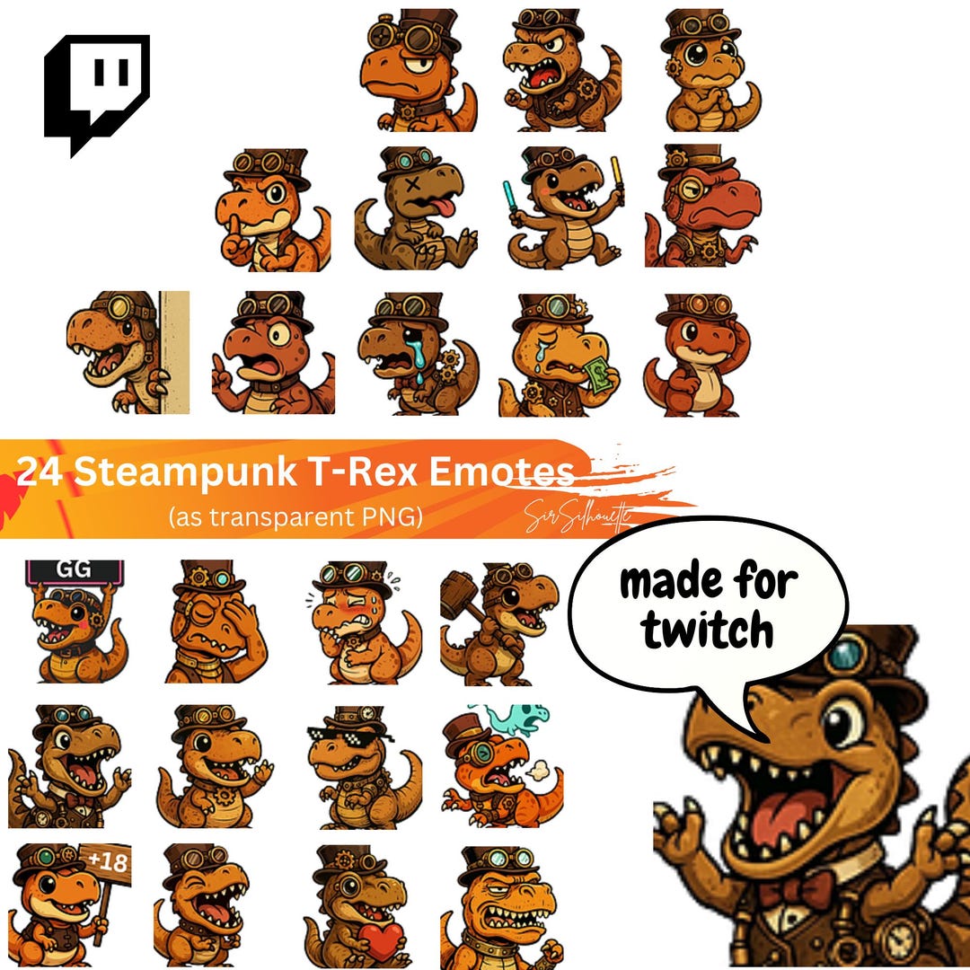 Steampunk T-rex Twitch Emotes Pack - 24 Fossil Punk Stream Graphics ...