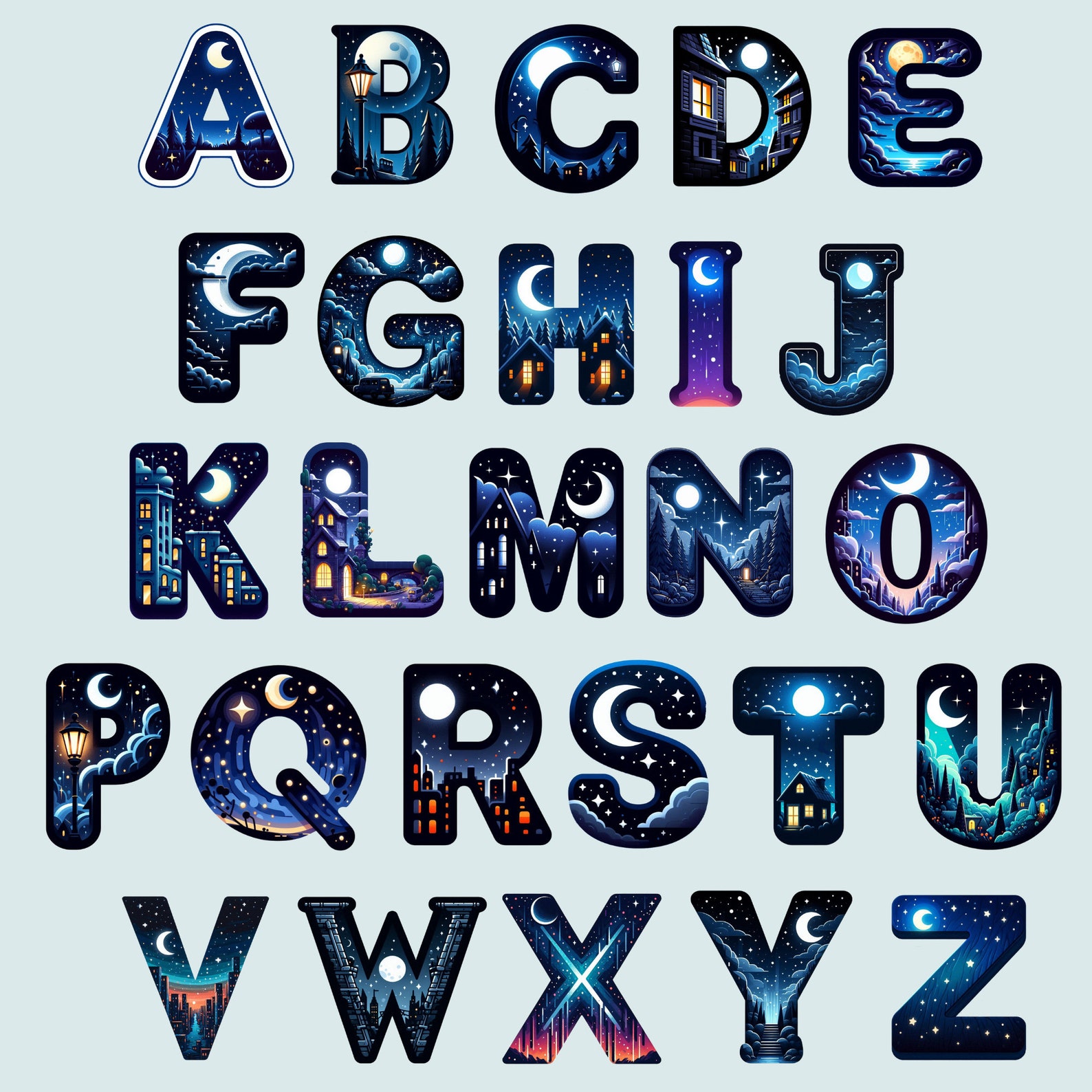 Night Font, Alphabet With Moonlight Design, Twilight Letters as Png - Etsy