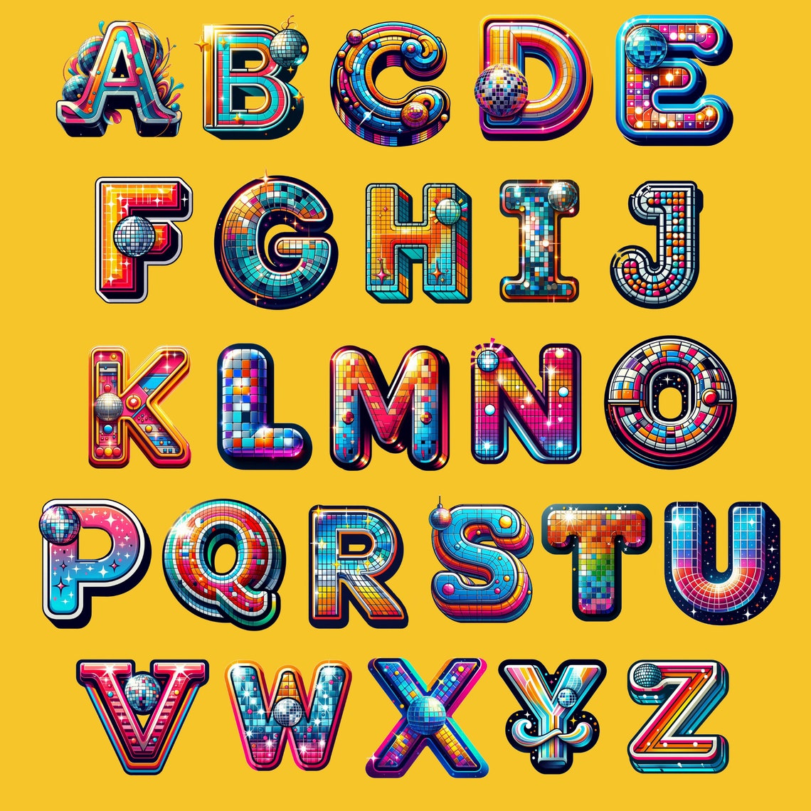 Disco Alphabet Clipart, Funky Letters PNG, Retro 70s Sublimation ...