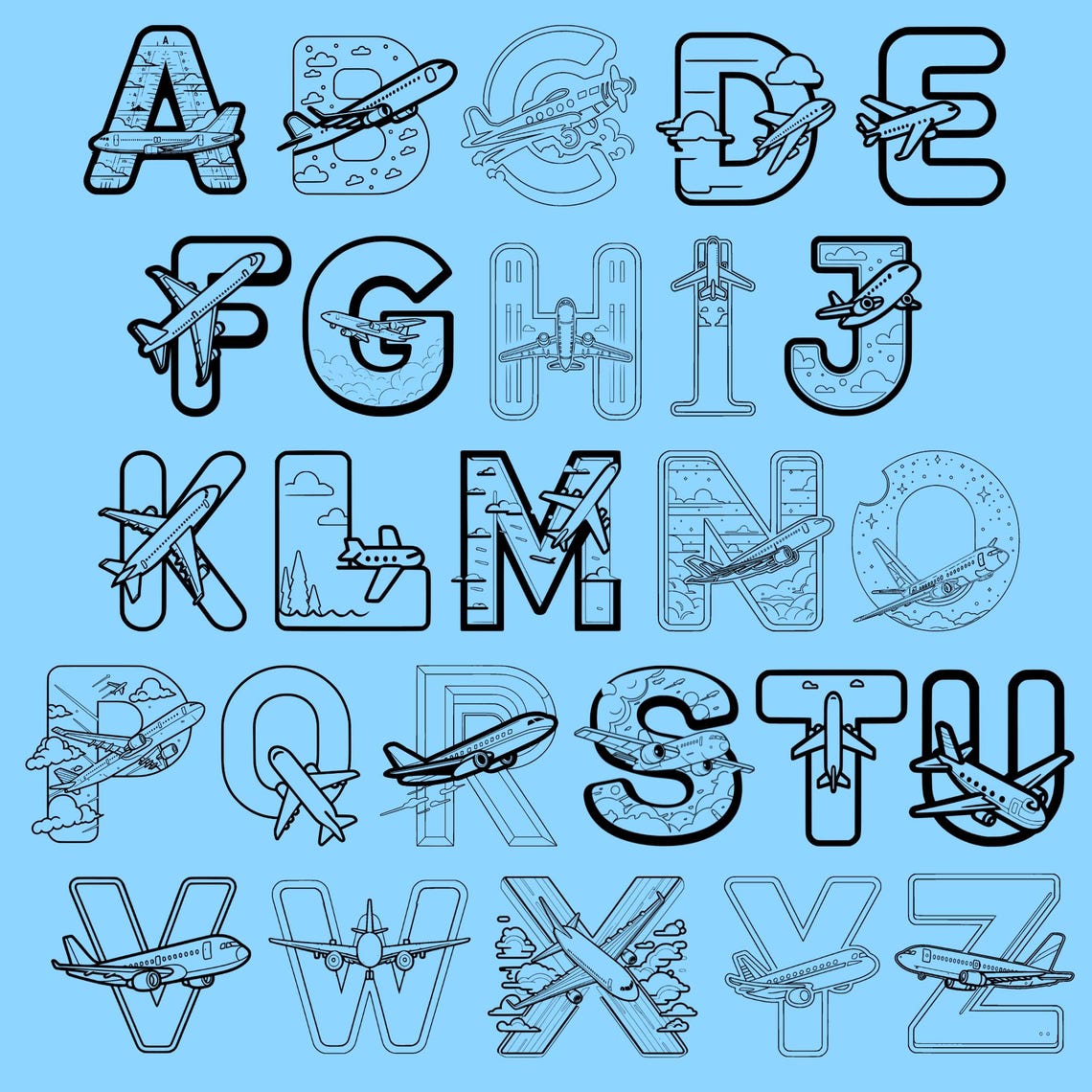 Plane Coloring Font, Alphabet With Plane Design, Plane Letters as Png ...
