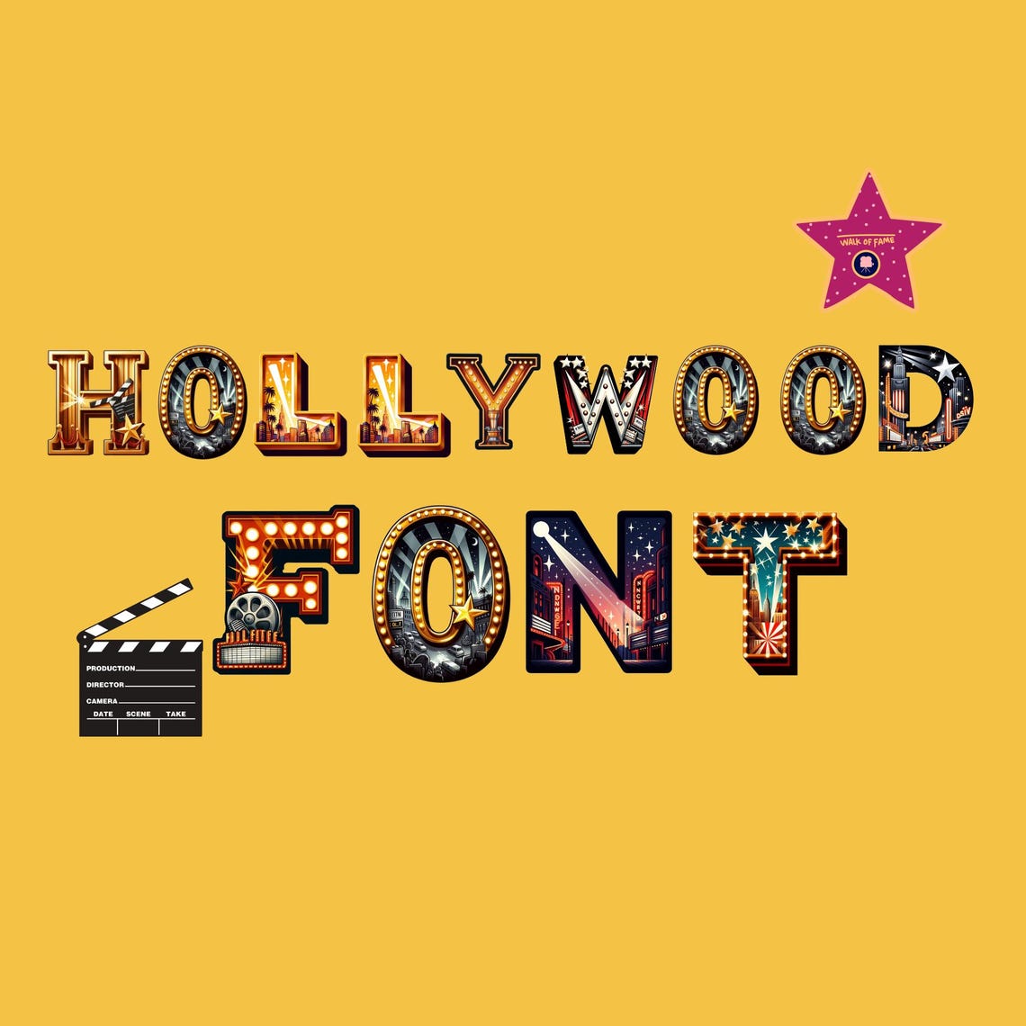 Hollywood Alphabet Clipart, Cinema Letters PNG, Movie Star Sublimation ...