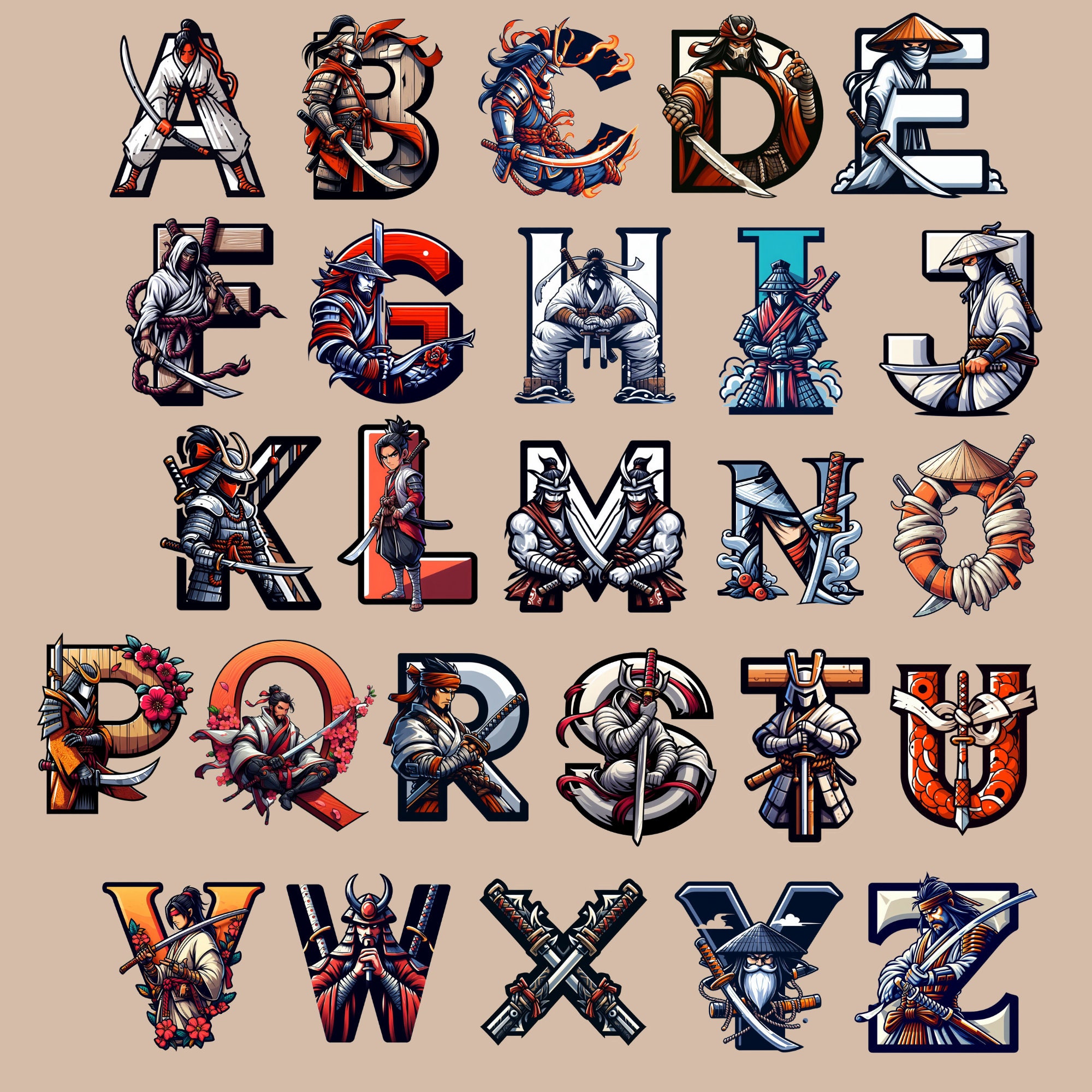 Samurai Font, Alphabet With Samurai Design, Samurai Letters as Png - Etsy