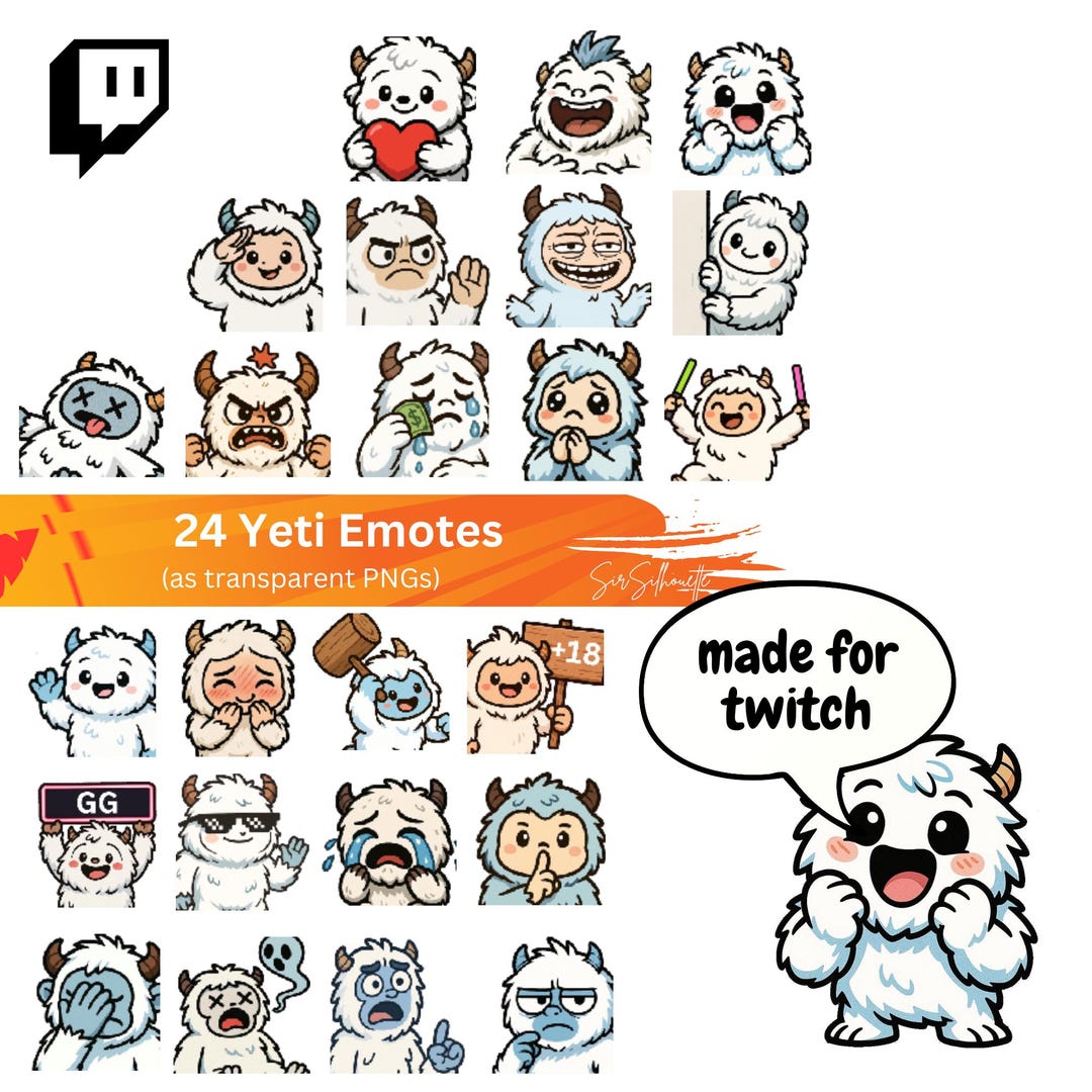 Yeti Twitch Emotes Pack - 24 Cute Cryptid Abominable Snowman Graphics ...