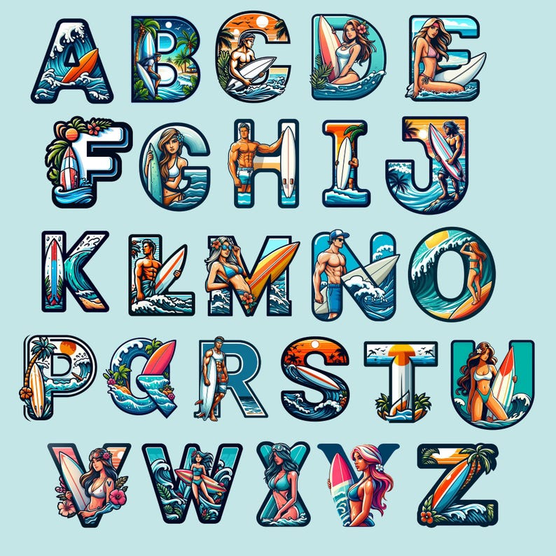 Surf Font, Alphabet With Surf Design, Surf Letters as Png - Etsy