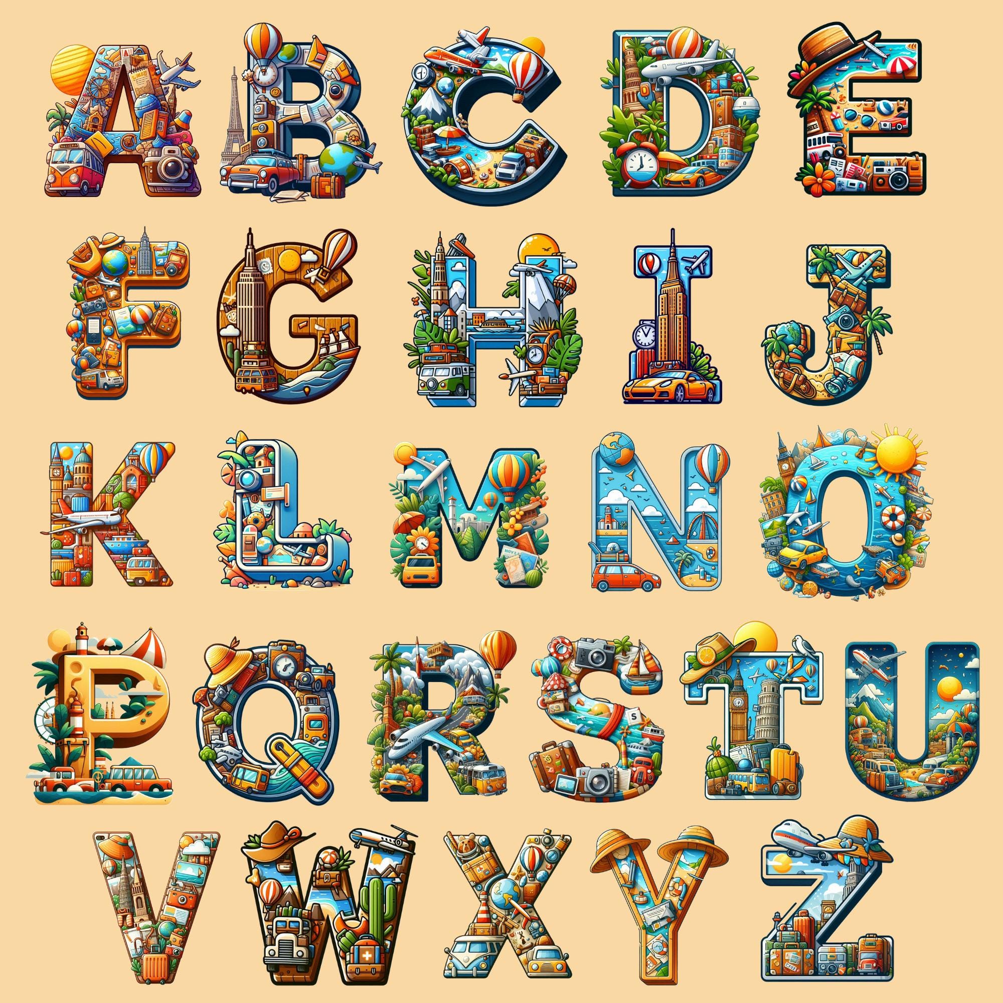 Travel Font, Alphabet With Travel Design, Holiday Letters as Png - Etsy