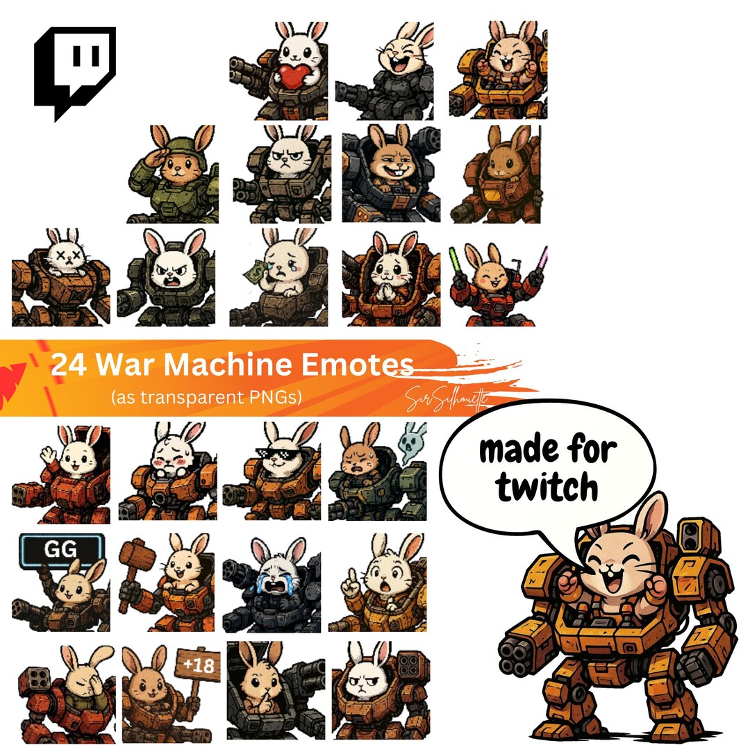 Bunny Mech Twitch Emotes Pack - 24 Cute Robot Warrior Stream Graphics ...