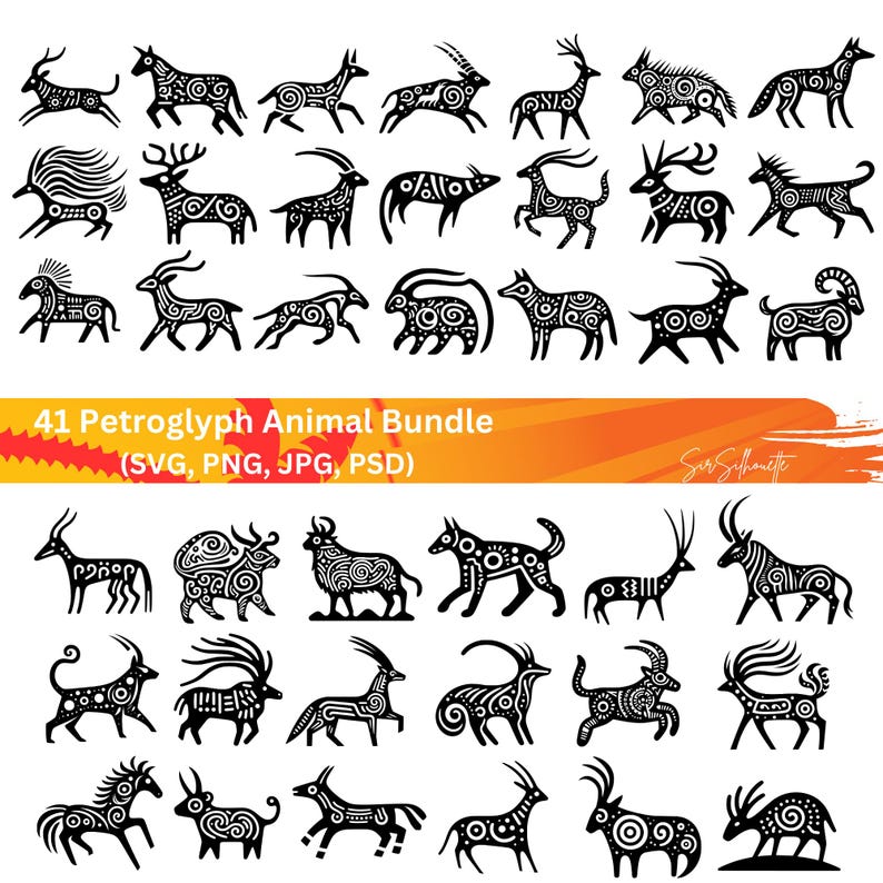 Rock Art Animals SVG Bundle, 41 Petroglyph Animals Designs, PNG, PSD ...