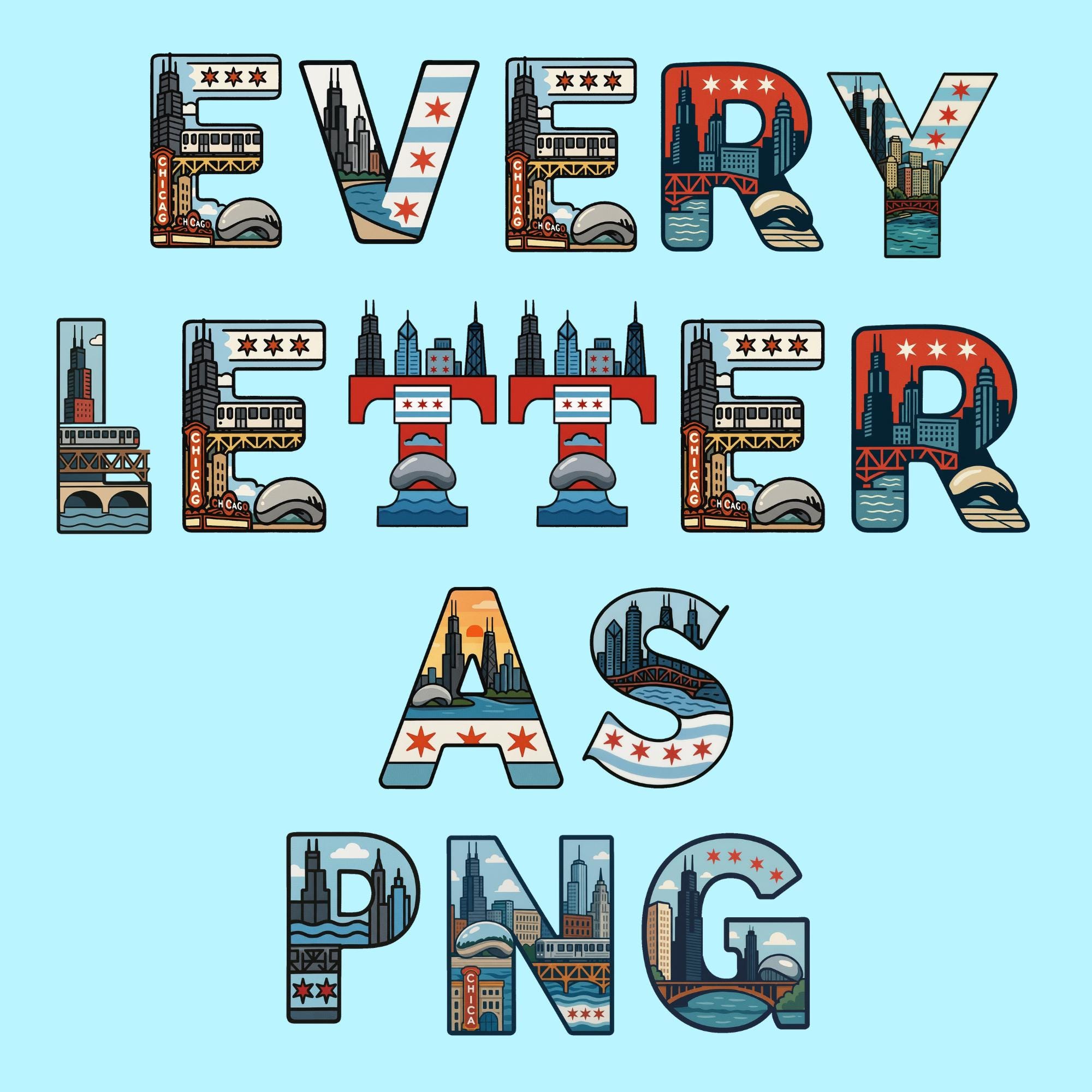 Chicago Alphabet Clipart, Windy City Letters PNG, Illinois Skyline ...