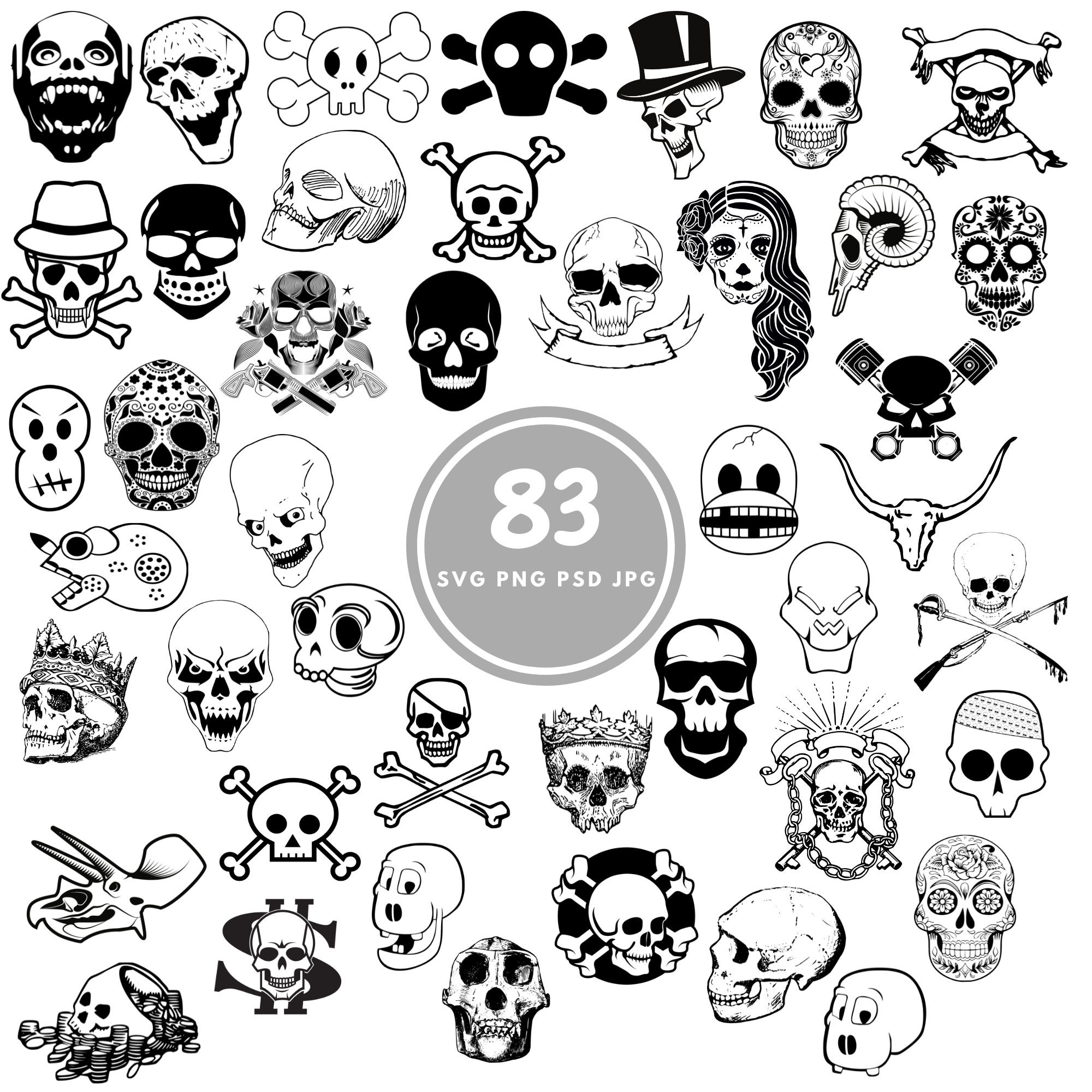 Skull SVG, 83 Skull Svg Bundle, PNG, PSD - Etsy