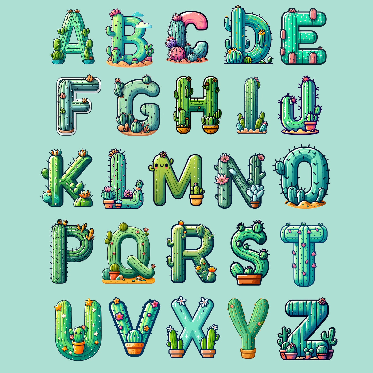 Cactus Alphabet Clipart, Succulent Letters PNG, Botanical Garden ...