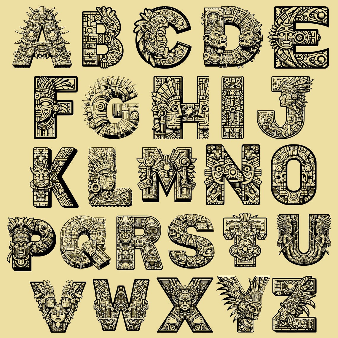 Aztec Coloring Font, Alphabet With Aztec Design, Aztec Letters as Png ...