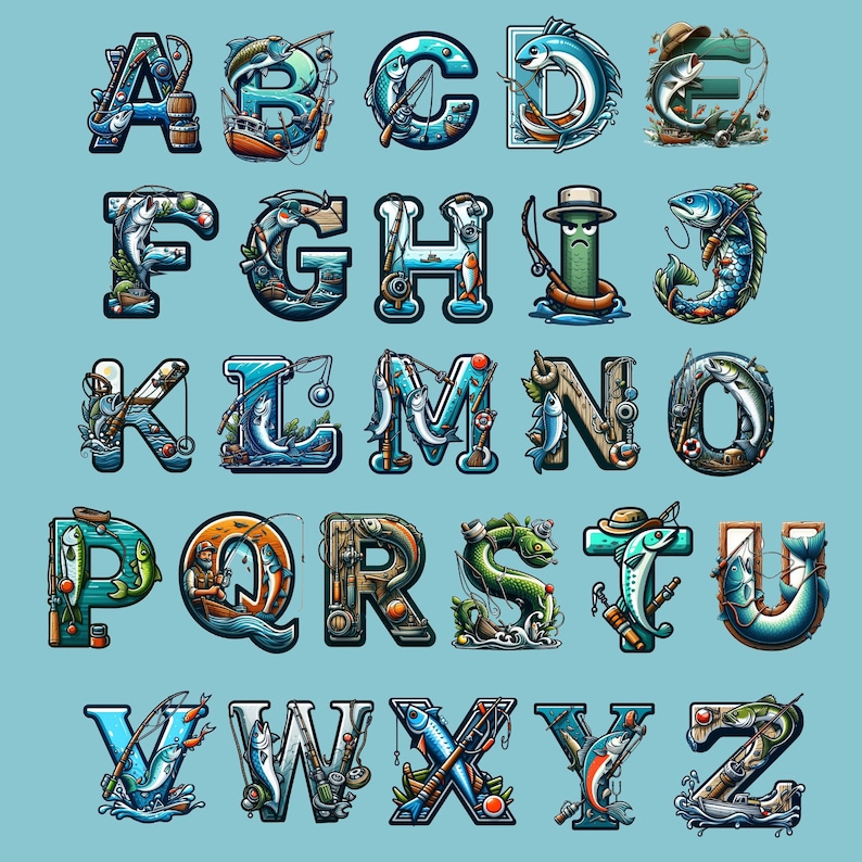 Fishing Alphabet Clipart, Angler Letters PNG, Lake Life Sublimation ...