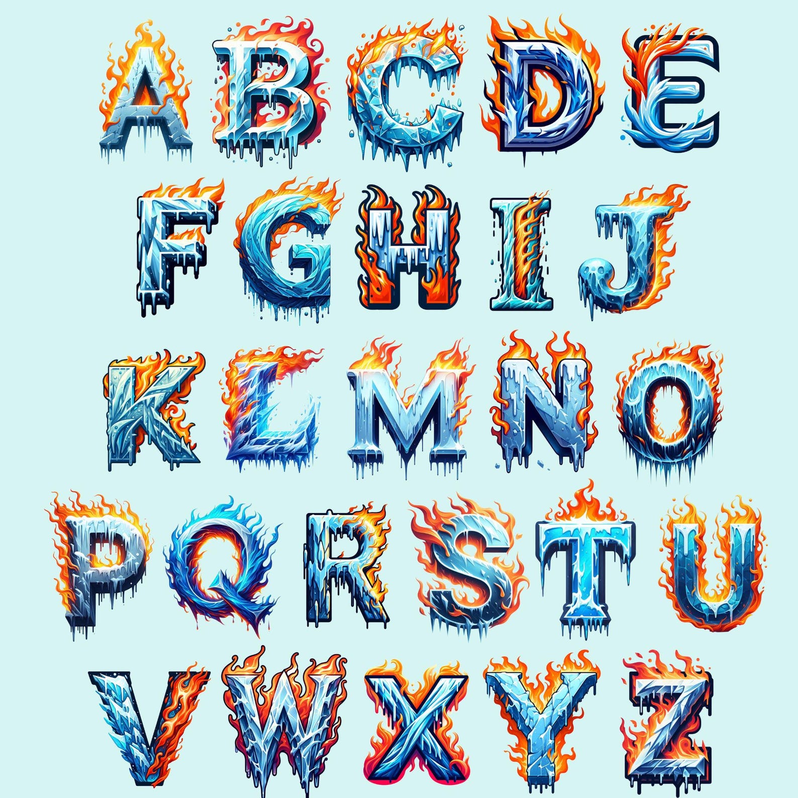 Fire Ice Font, Alphabet With Fire Ice Design, Fire Ice Letters as Png ...