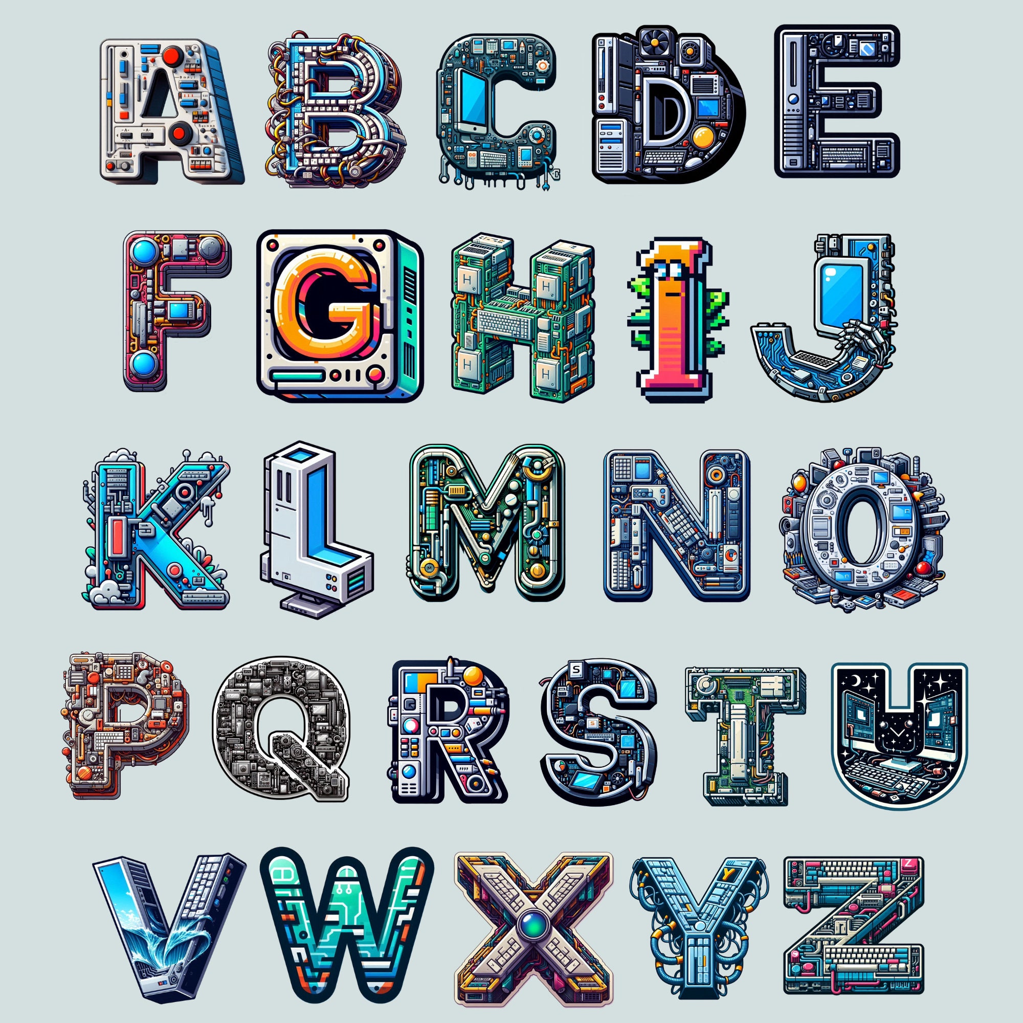 Computer Font, Alphabet With Tech Design, Cyber Letters as Png - Etsy