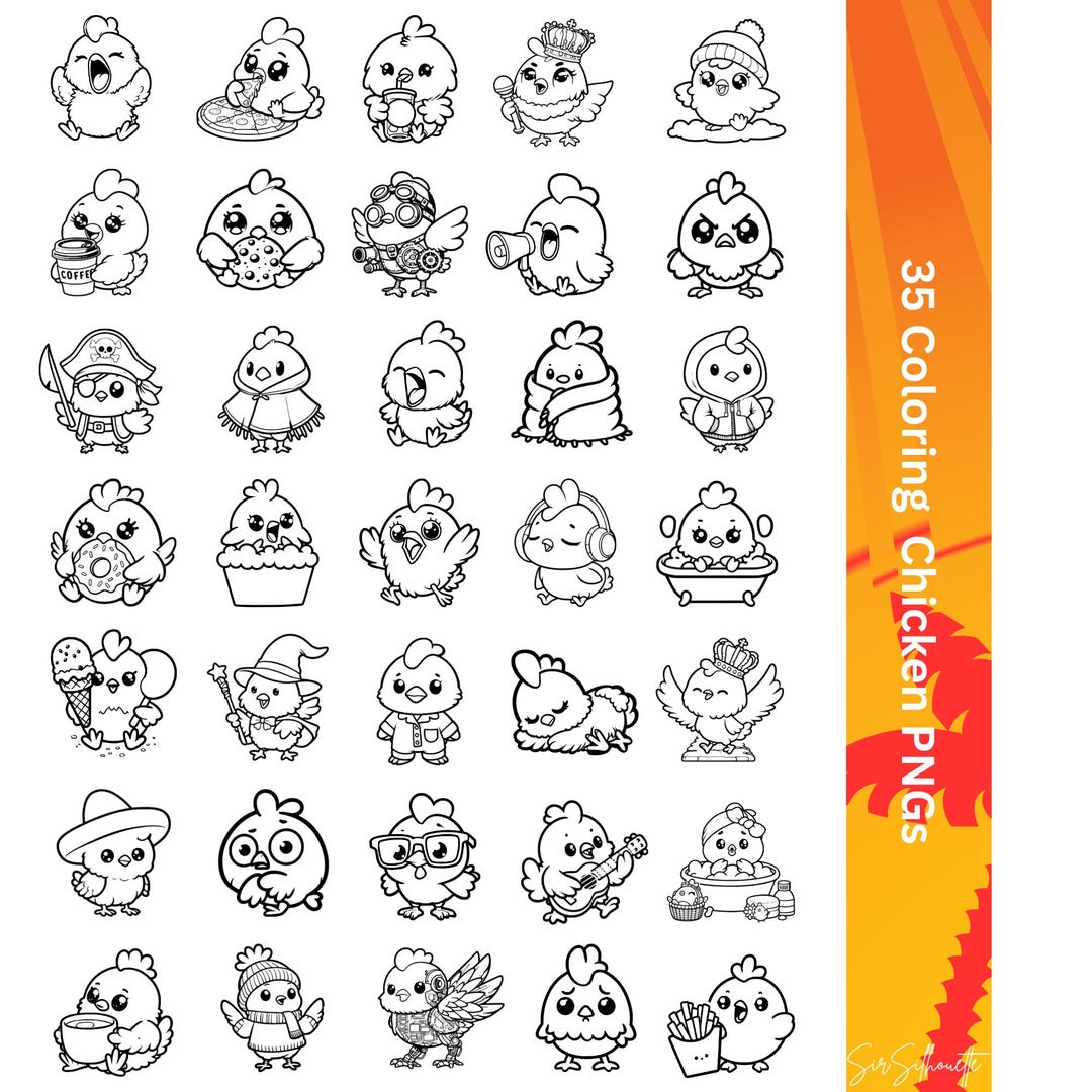 Cute Chickens for Coloring Book - PNG Files to Download - Etsy