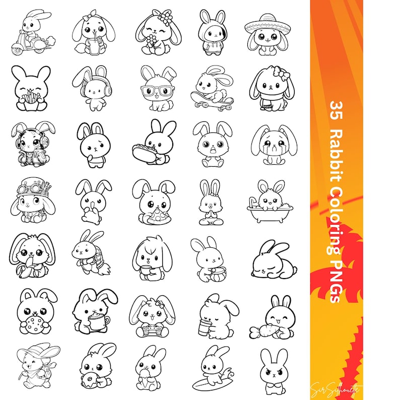 Cute Rabbits for Coloring Book - PNG Files to Download - Etsy UK