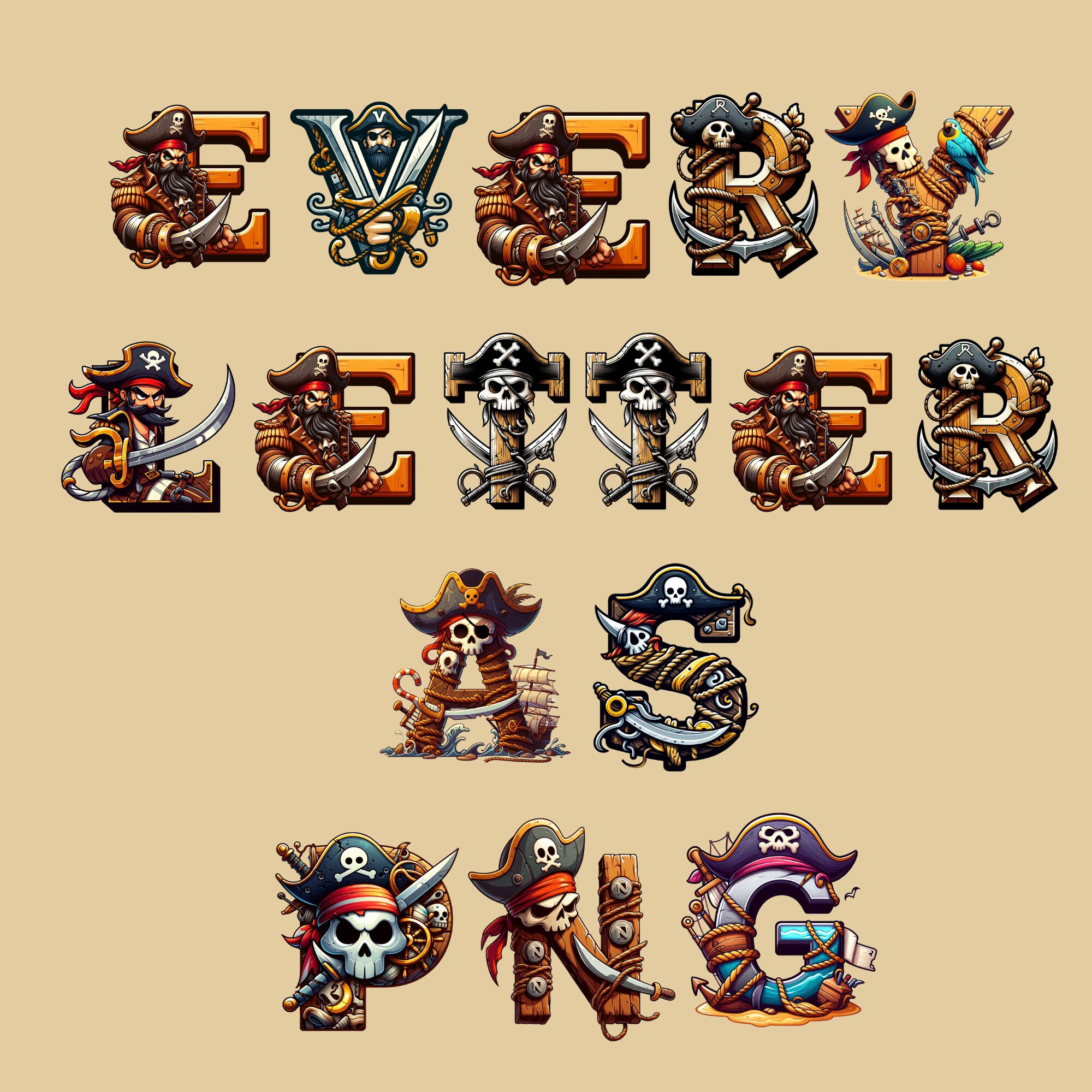 Pirate Font, Alphabet With Treasure Design, Jolly Roger Letters as Png ...