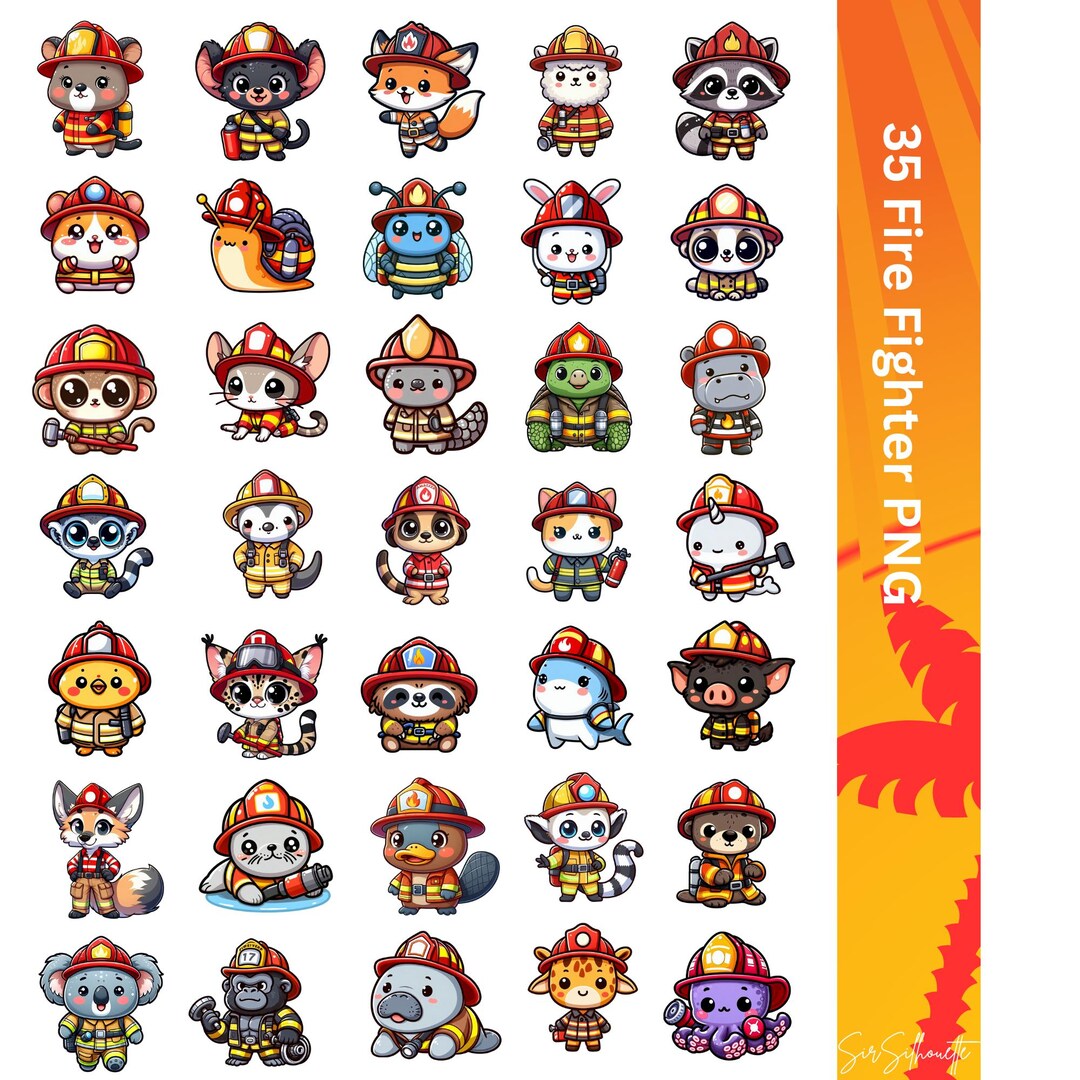 Cute Firefighter Animal Digital Design for Stickers - Etsy