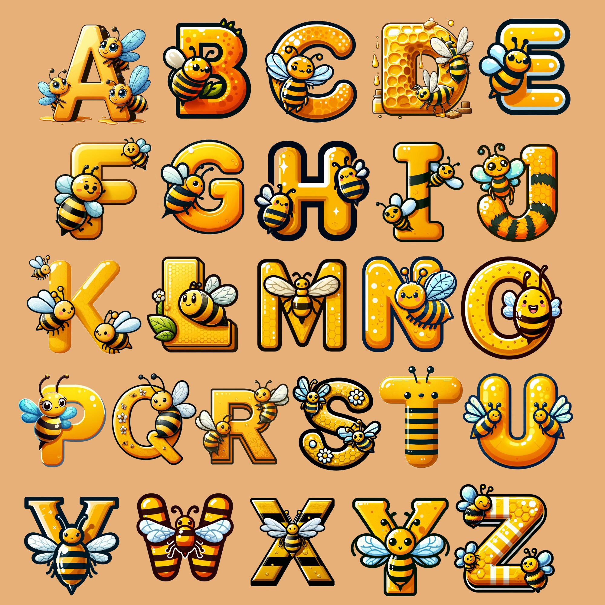 Bee Font, Alphabet With Bee Design, Bee Letters as Png - Etsy