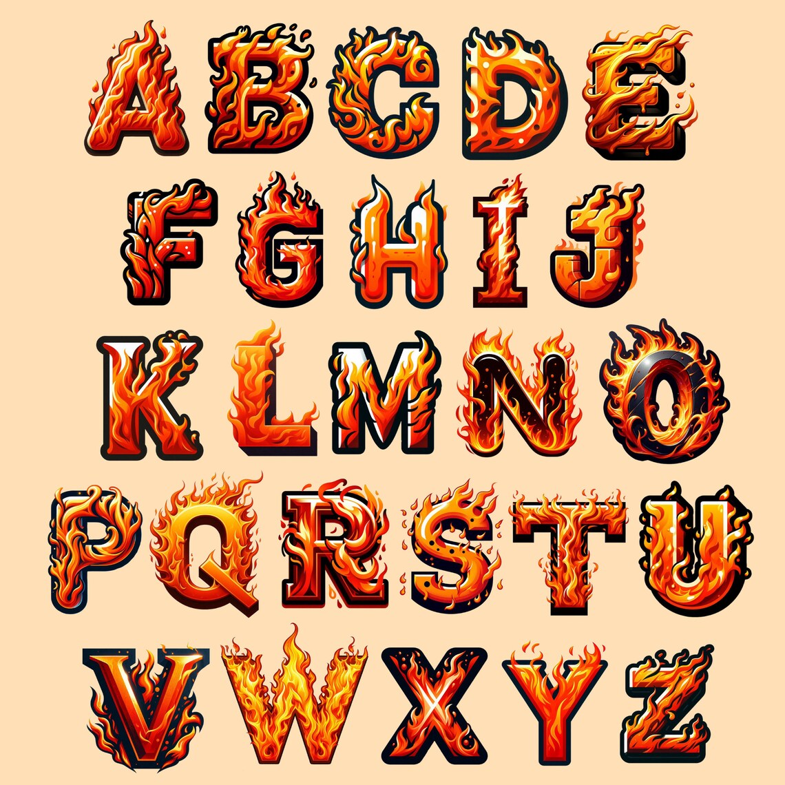 Fire Font, Alphabet With Flame Design, Burning Letters as Png - Etsy