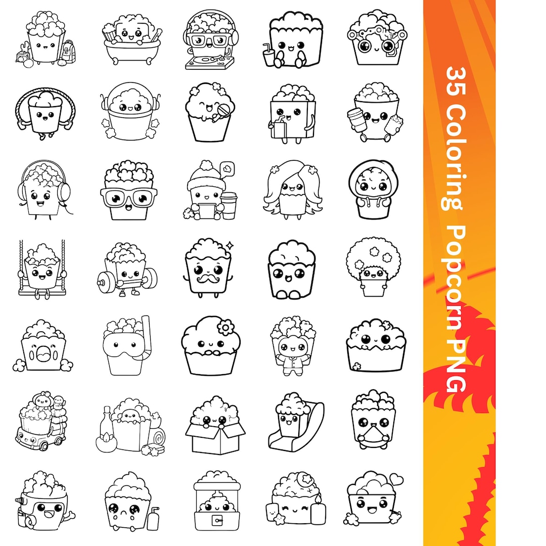 Cute Popcorn for Coloring Book - PNG Files to Download - Etsy