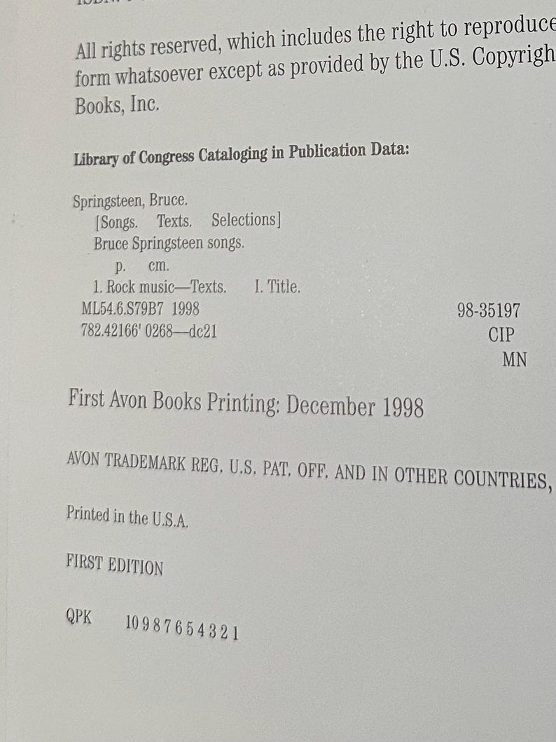 RARE VINTAGE ***SONGS*** Bruce Springsteen First Edition First Printing ...