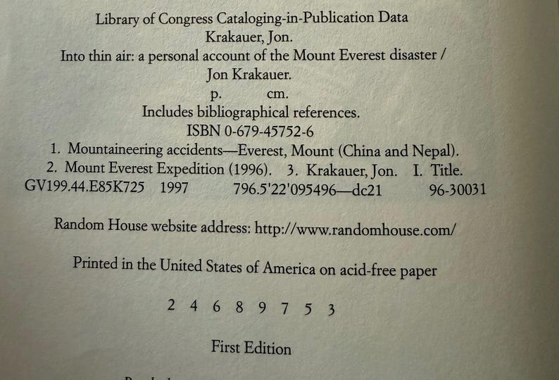 RARE VINTAGE Into Thin Air by Jon Krakauer First Edition 2nd Printing ...