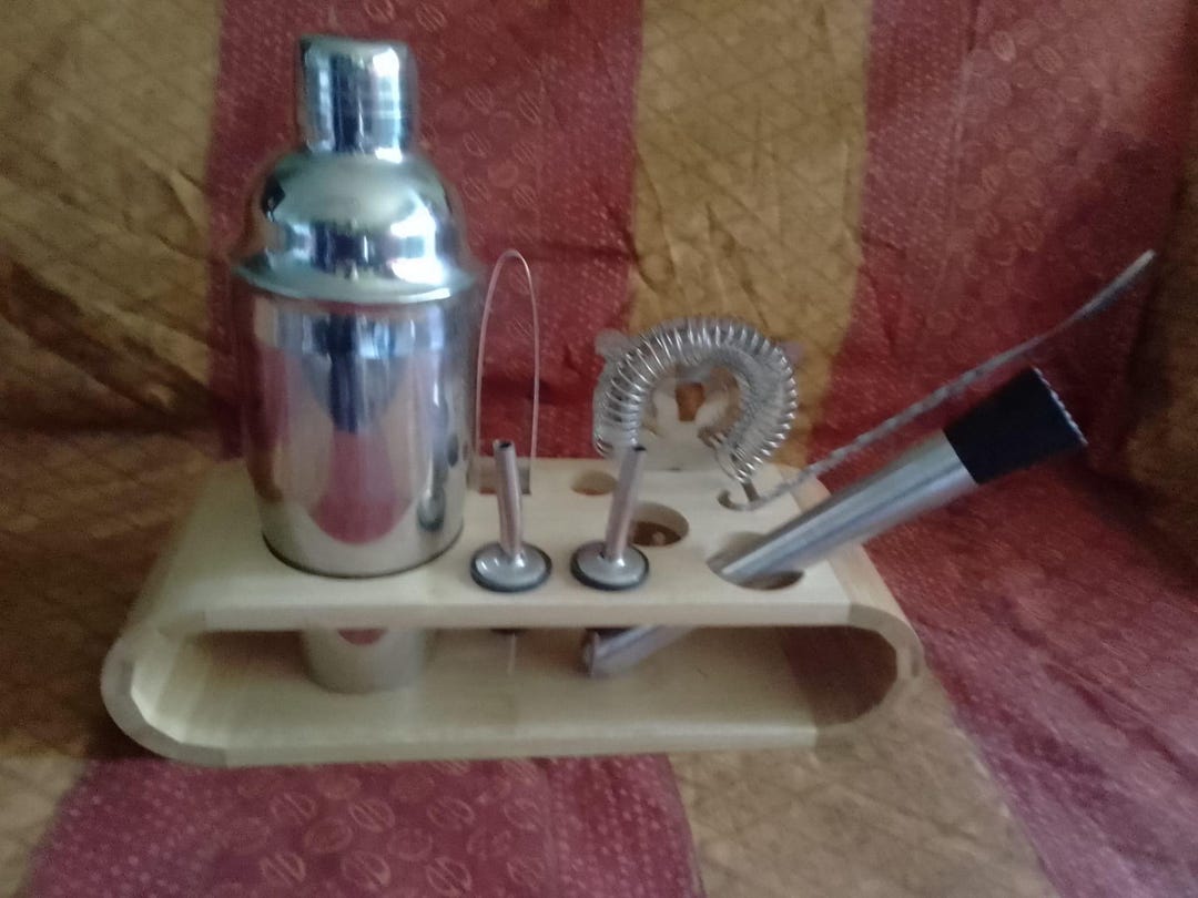 Upcycled Cocktail Shaker & 6 Piece Tool Set With Wooden Base - Etsy