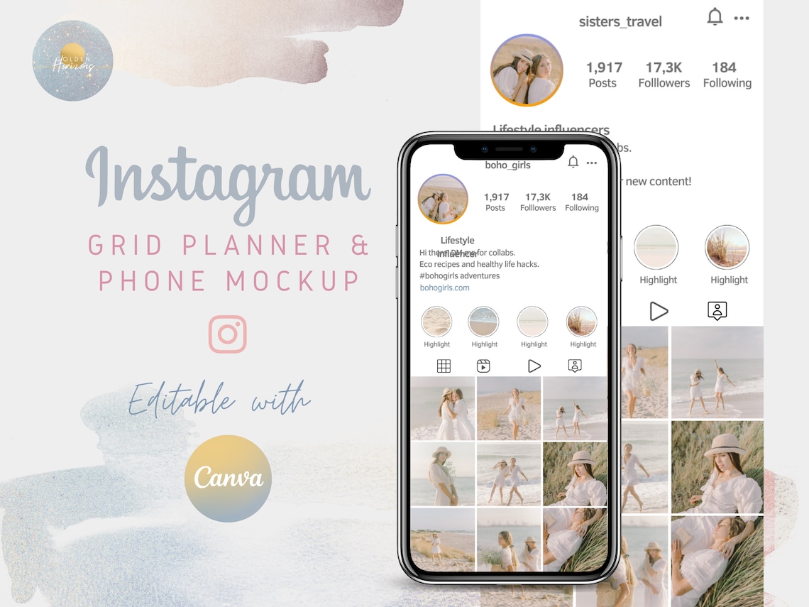 Instagram Grid Planner, iPhone Mockup Template, Canva Editable ...