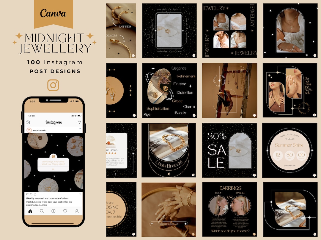 Black Instagram Post Templates for Canva, Jewellery Instagram Posts ...