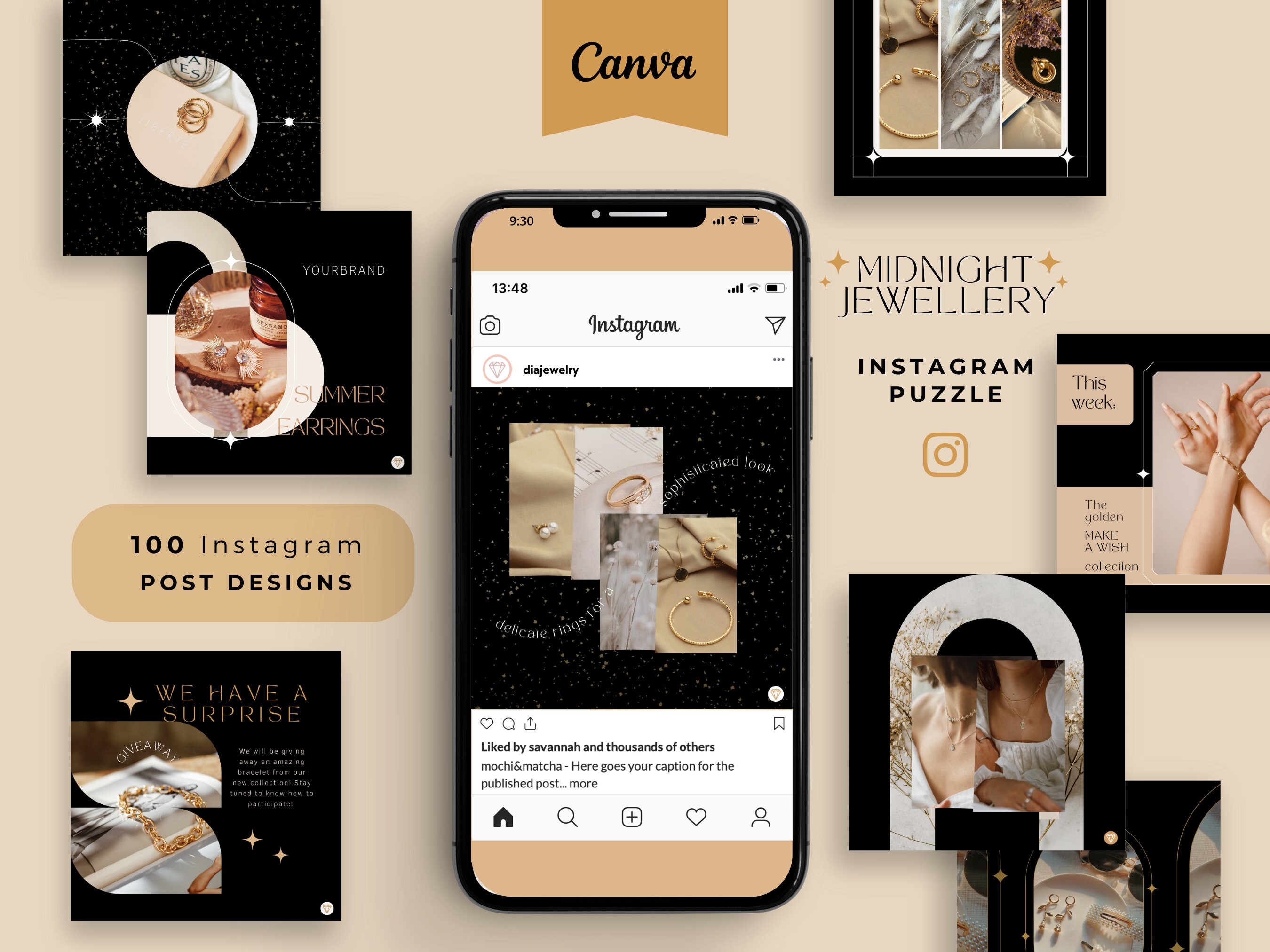 Black Instagram Post Templates for Canva, Jewellery Instagram Posts ...