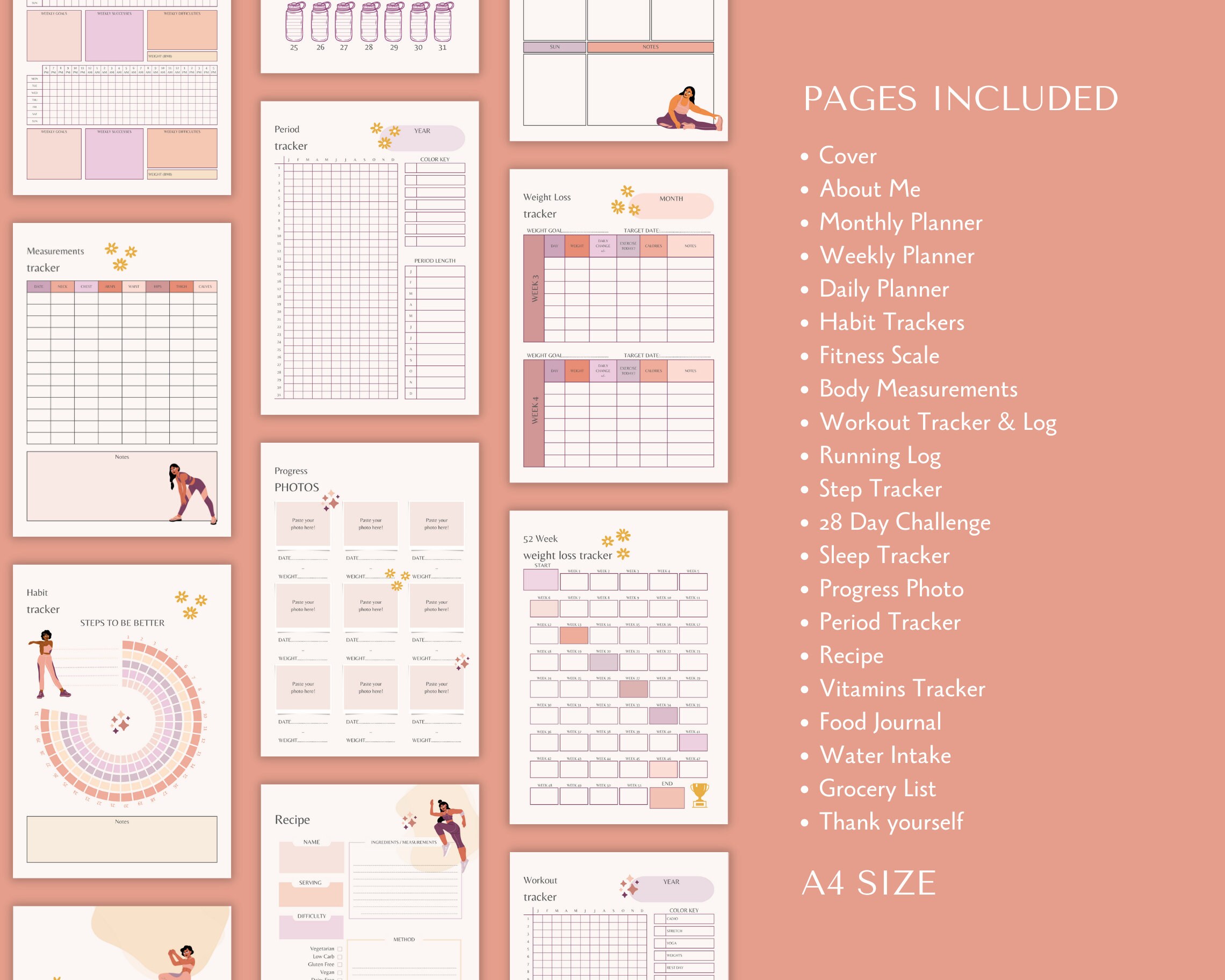 Fitness Digital and Printable Planner Template, Weight Loss Planner and ...