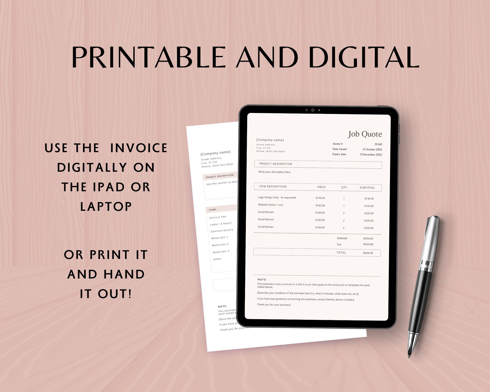 Work Estimate Template, Job Quote Template, Printable Job Estimate ...