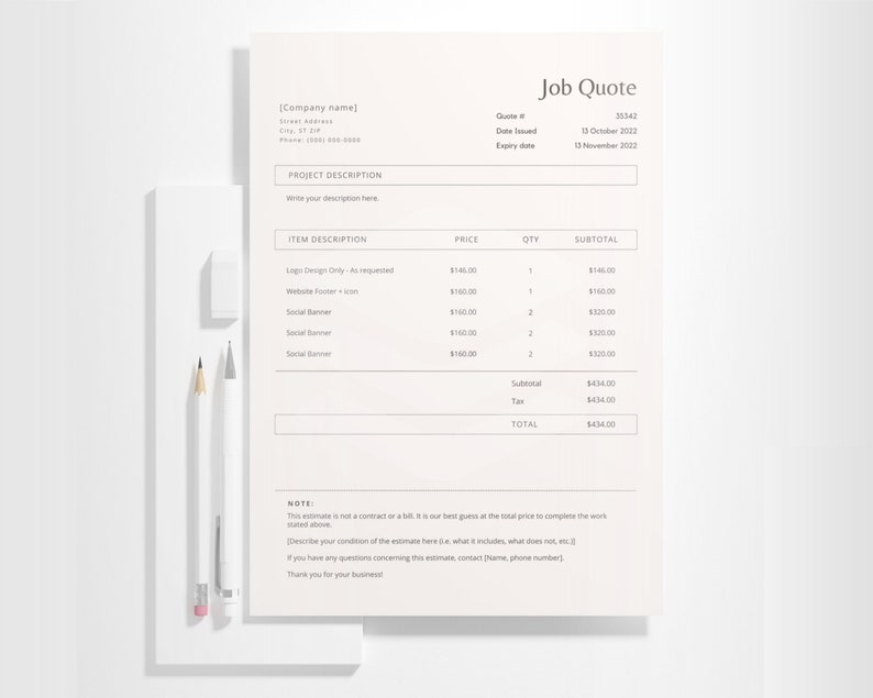 Work Estimate Template, Job Quote Template, Printable Job Estimate ...