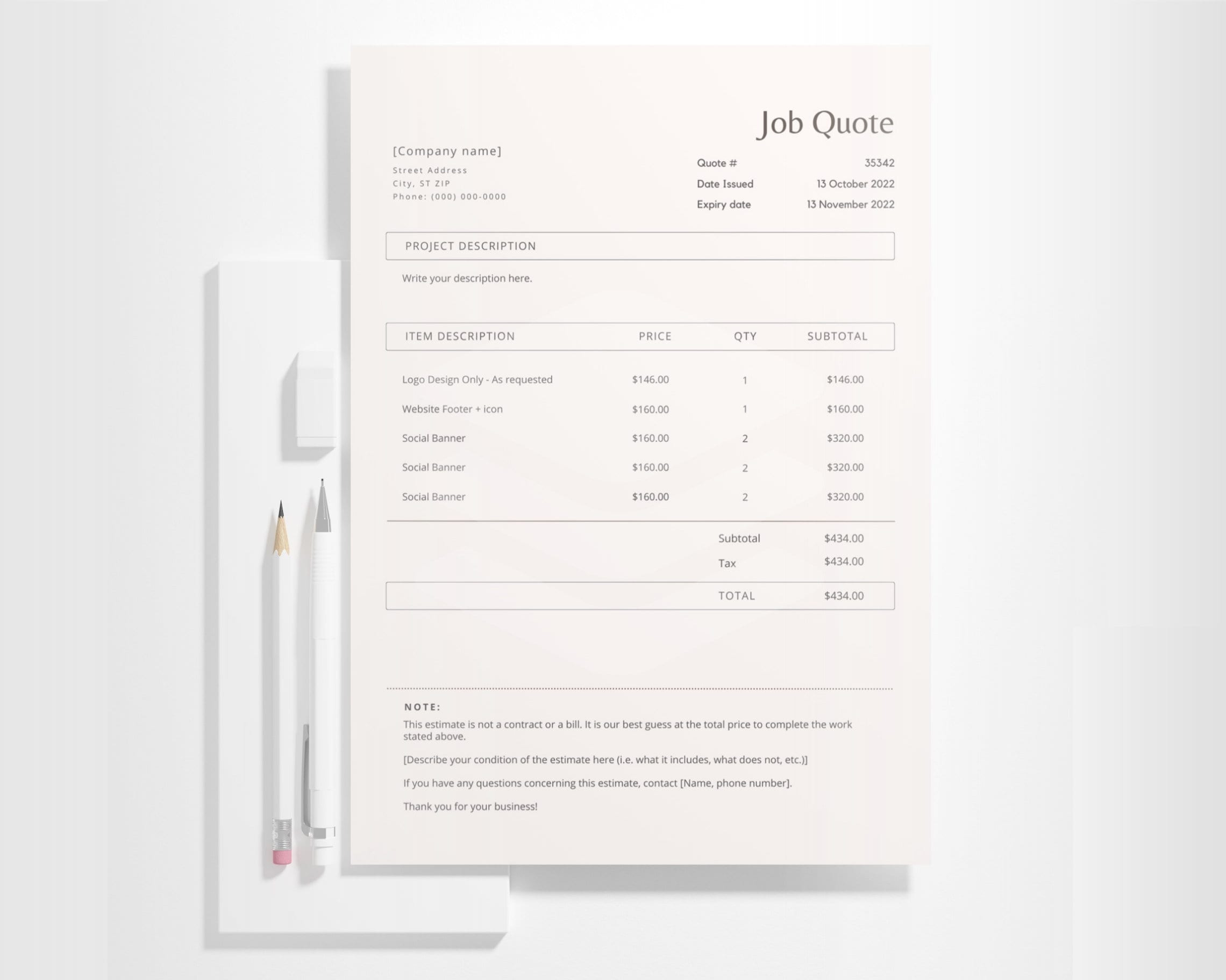 Work Estimate Template, Job Quote Template, Printable Job Estimate ...