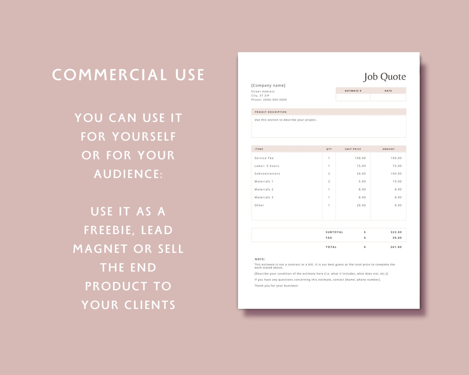 Work Estimate Template, Job Quote Template, Printable Job Estimate ...