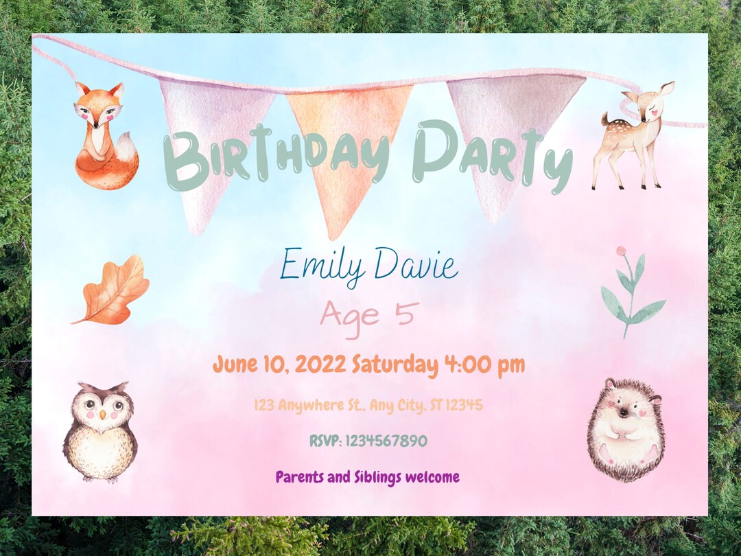 Forest Animals Party Invitation for Girls, Printable Party Invite, Cute ...