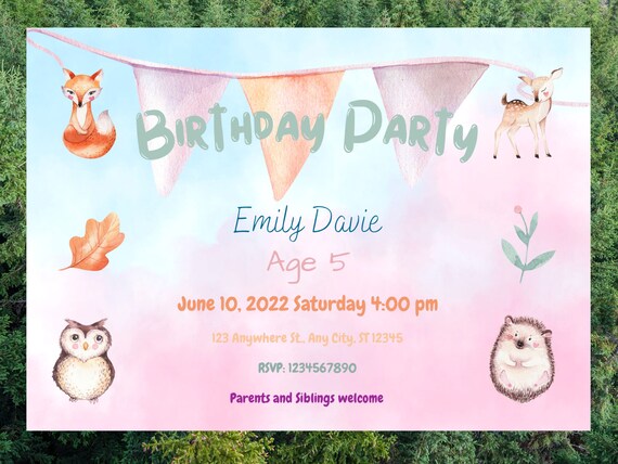 Forest Animals Party Invitation for Girls Printable Party - Etsy