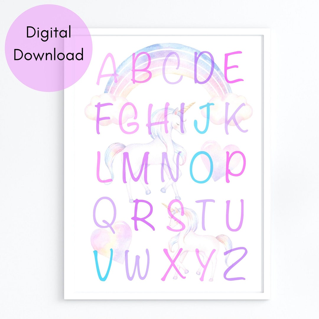 Alphabet Printable Wall Art, Unicorns and Rainbows Print, Playroom Wall ...