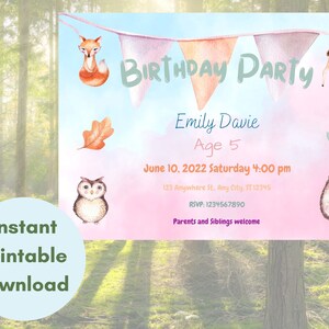 Forest Animals Party Invitation for Girls Printable Party - Etsy