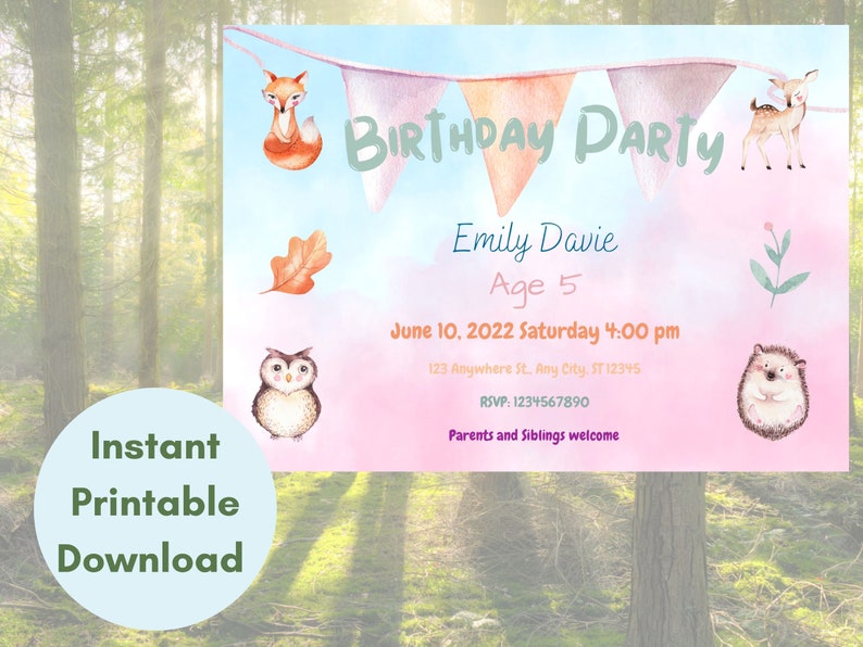 Forest Animals Party Invitation for Girls Printable Party - Etsy