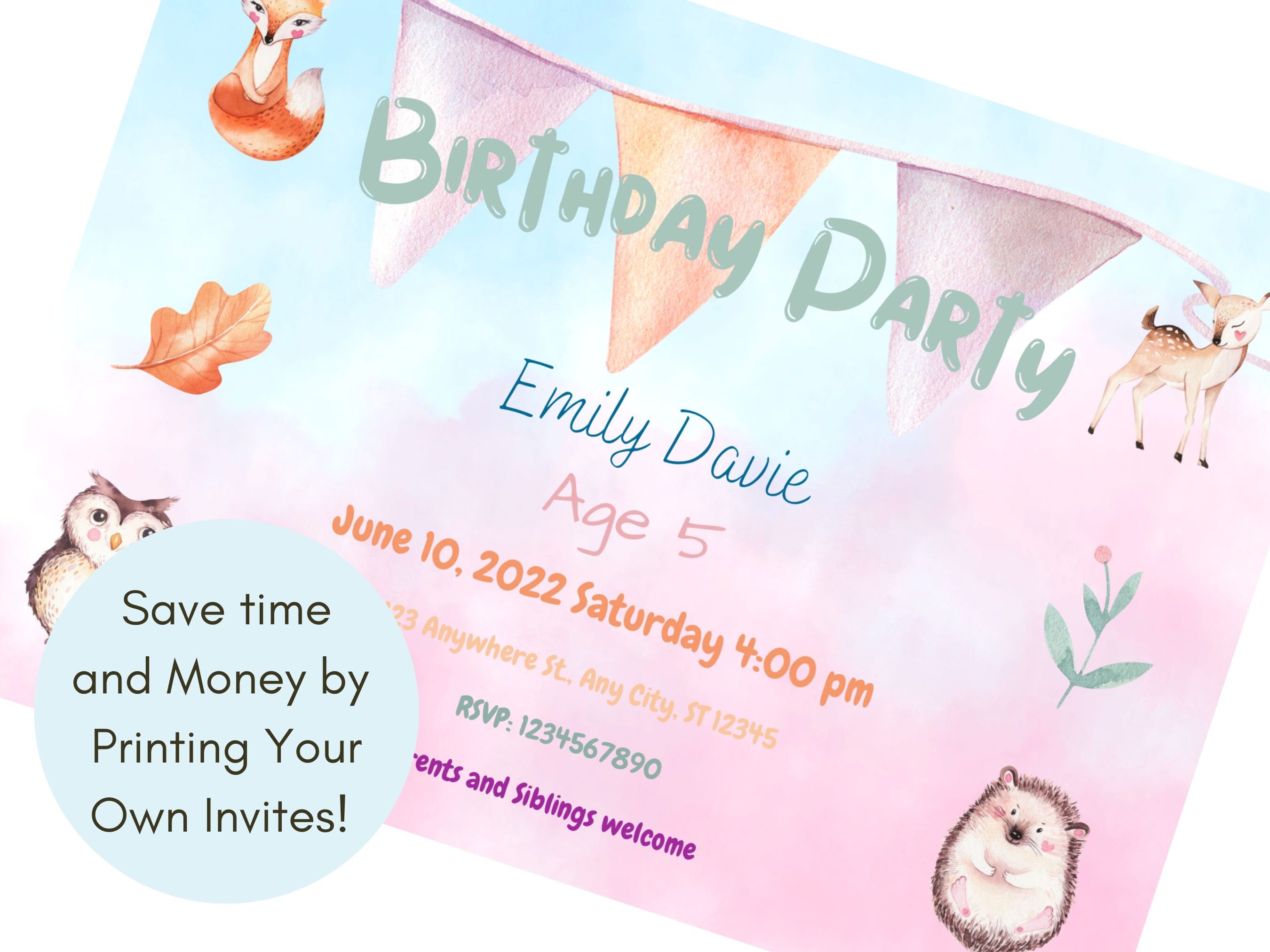 Forest Animals Party Invitation for Girls Printable Party - Etsy