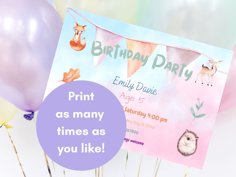 Forest Animals Party Invitation for Girls Printable Party - Etsy