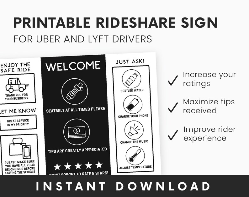 Printable Rideshare Sign Driver Sign Uber Tip Sign Lyft | Etsy