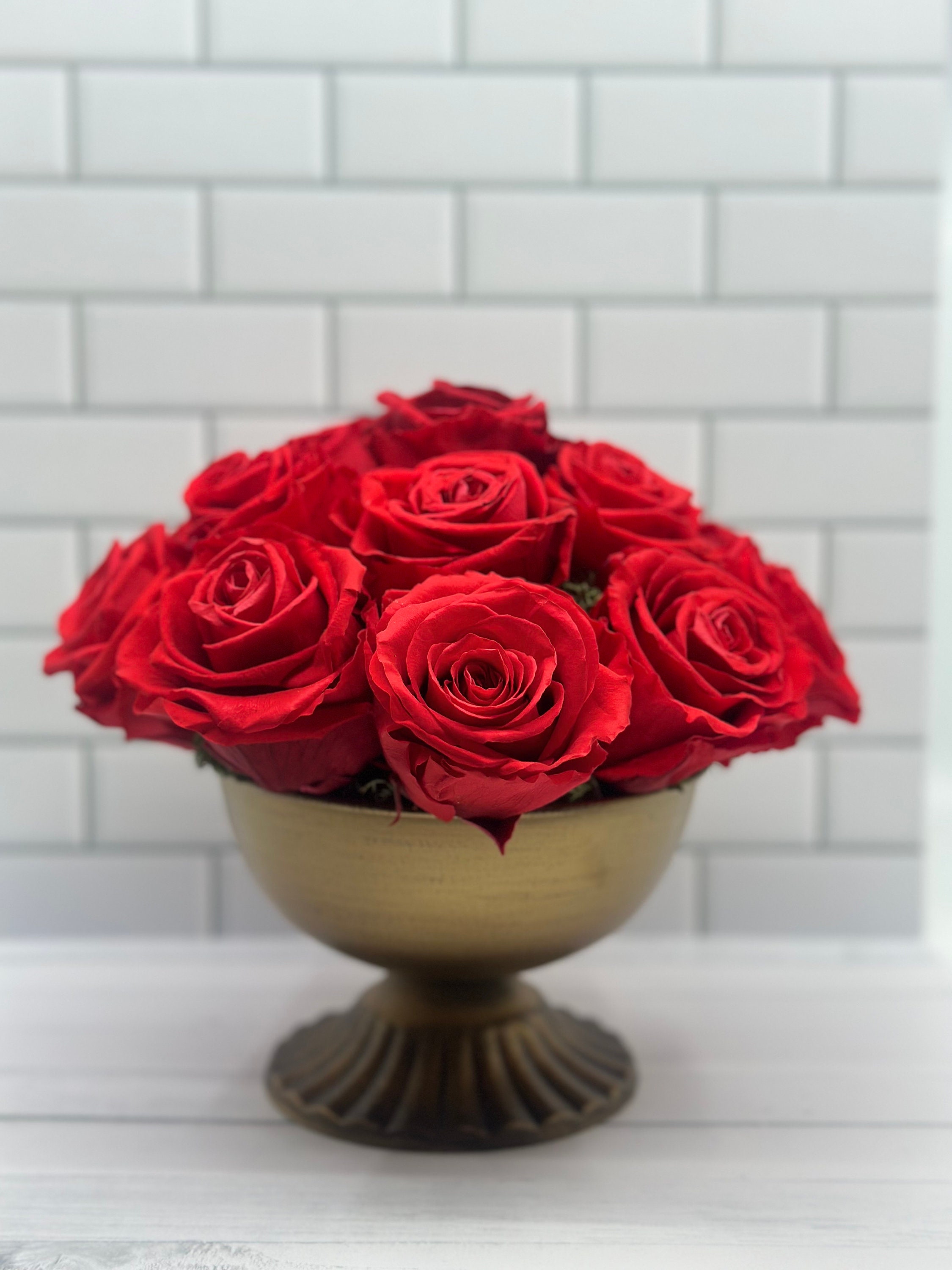 15 Preserved Red Roses in a Gold Metal Vase Eternal Roses Anniversary ...