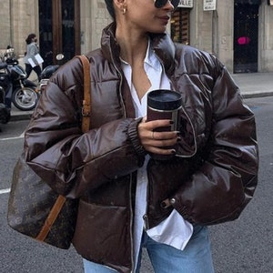 Brown Puffer Jacket, Oversize Leather Puffer Jacket, Oversize Puffer ...
