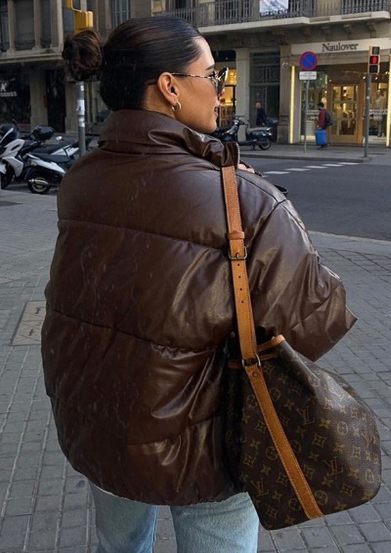 Brown Puffer Jacket, Oversize Leather Puffer Jacket, Oversize Puffer ...